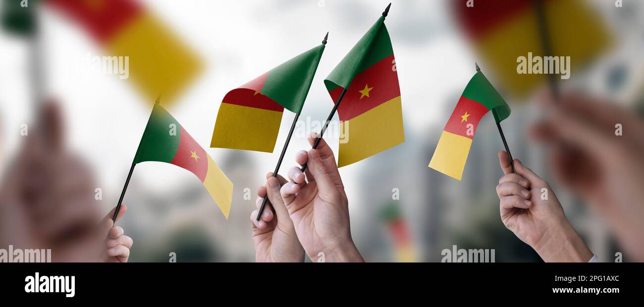 A group of people holding small flags of the Cameroon in their hands ...