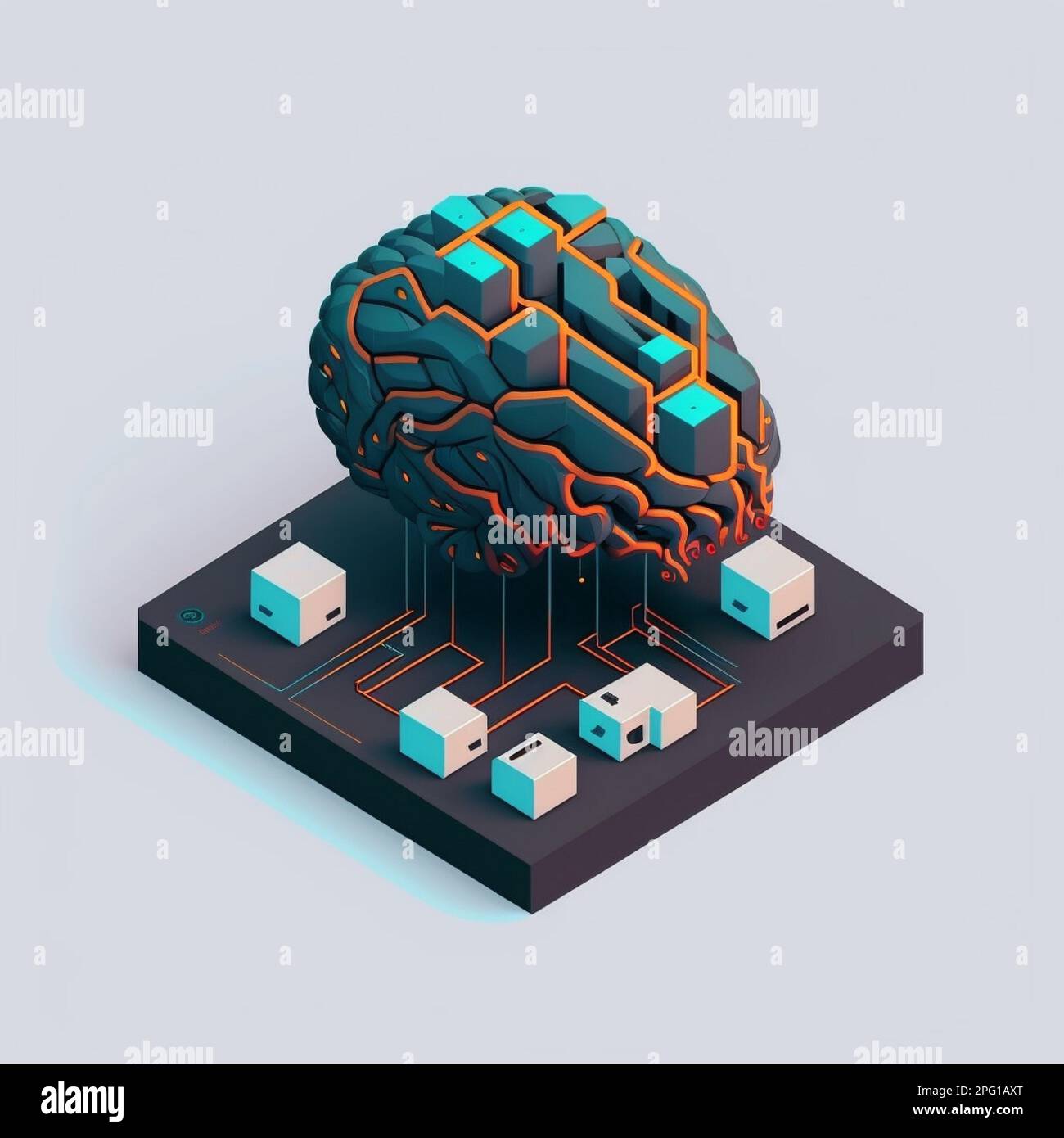 Isometric illumination of robotic human brain with the detailed circuits. Concept art of ...