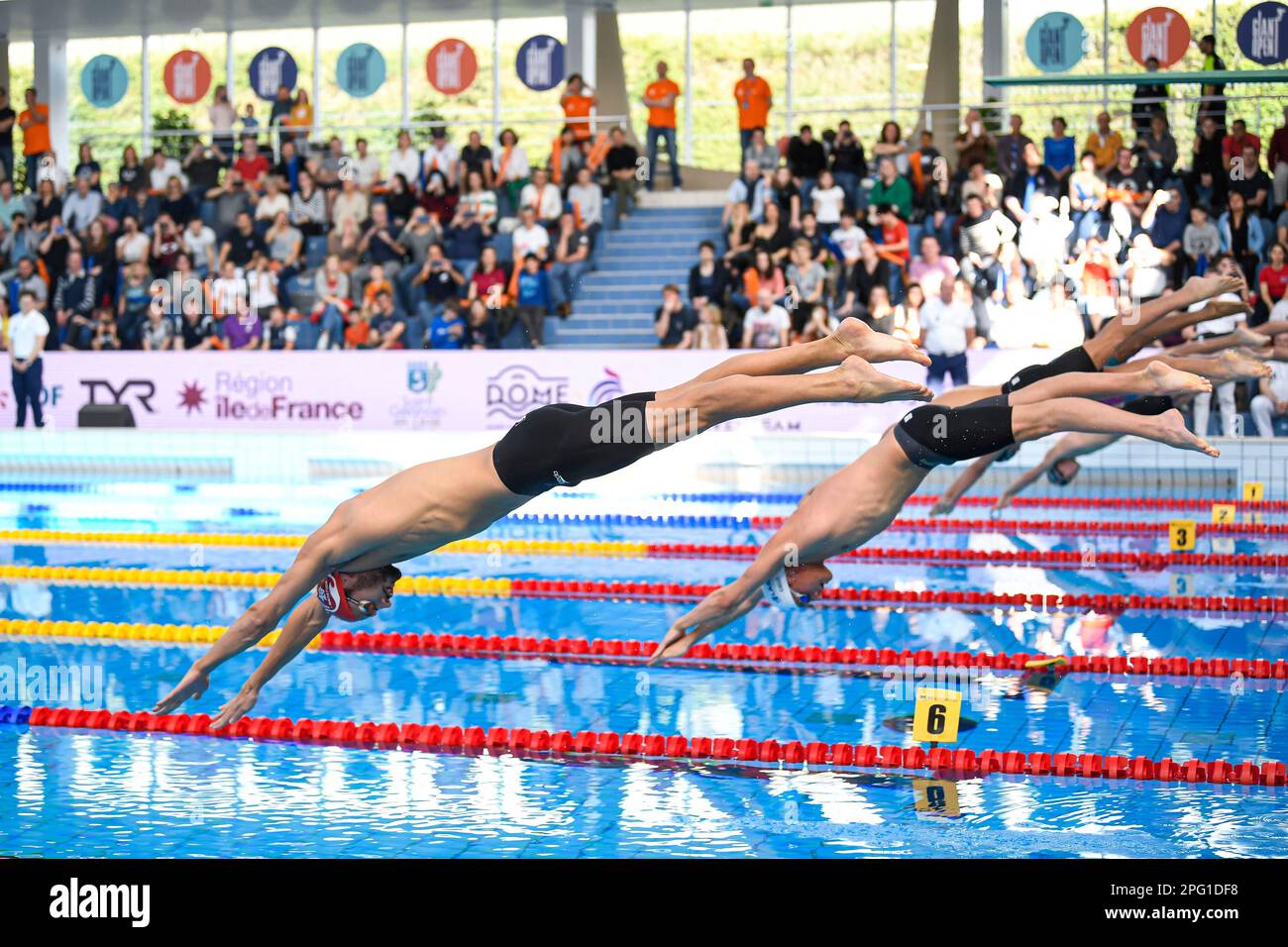 Paris, France. 19th Mar, 2023. Illustration shows swimmer dive during a ...