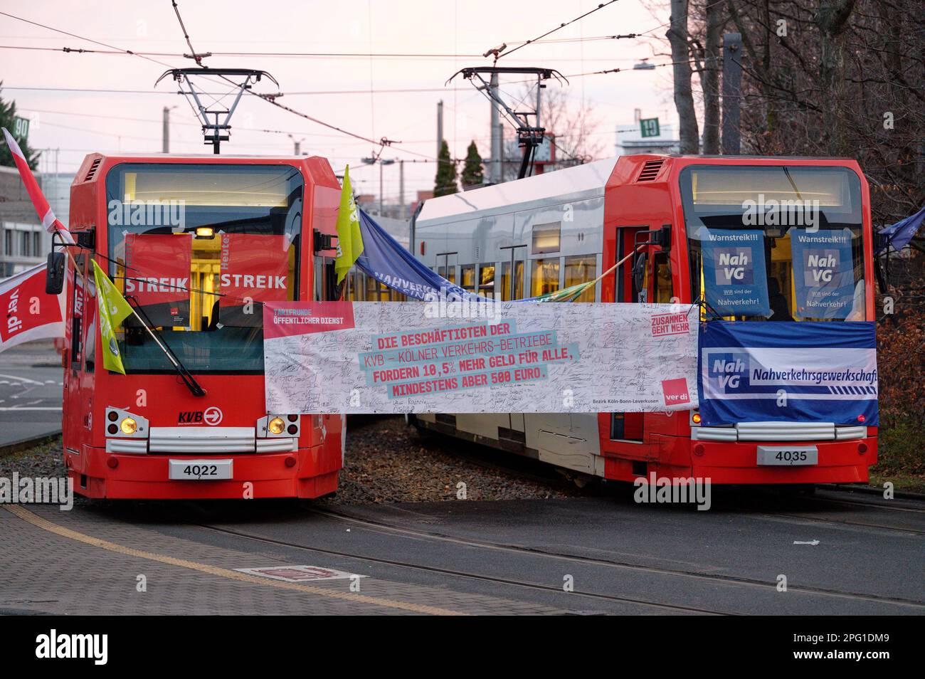 Cologne, Germany. 20th Mar, 2023. Two KVB streetcars block the access ...