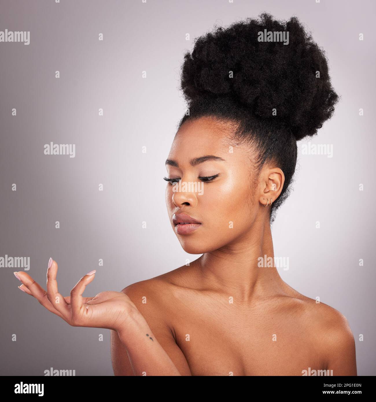 Beauty, skincare and hand of black woman with product placement for ...