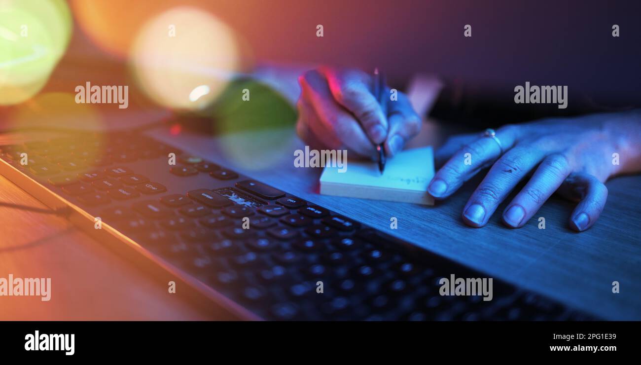 Writing, hacker and computer with hands of person for research, coding ...