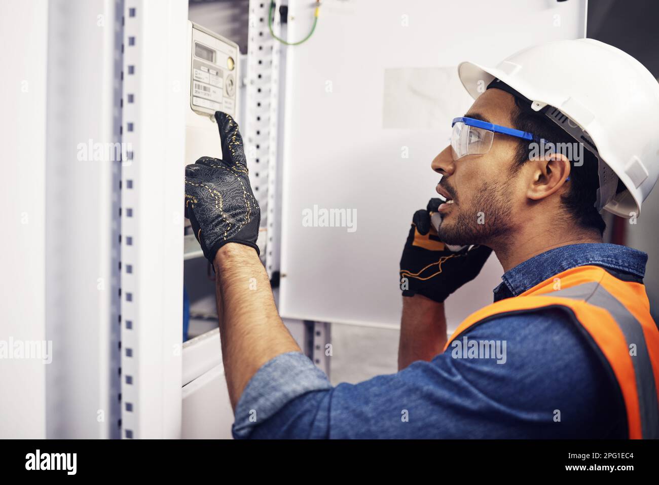 Man, phone call and engineering in control room, switchboard or ...