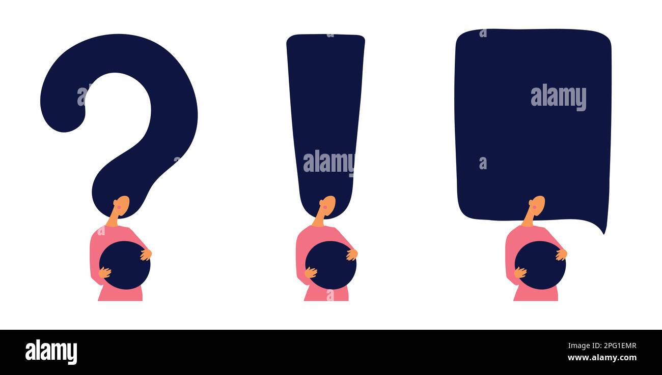Exclamation mark, question mark and girl, speech bubble. Flat design ...
