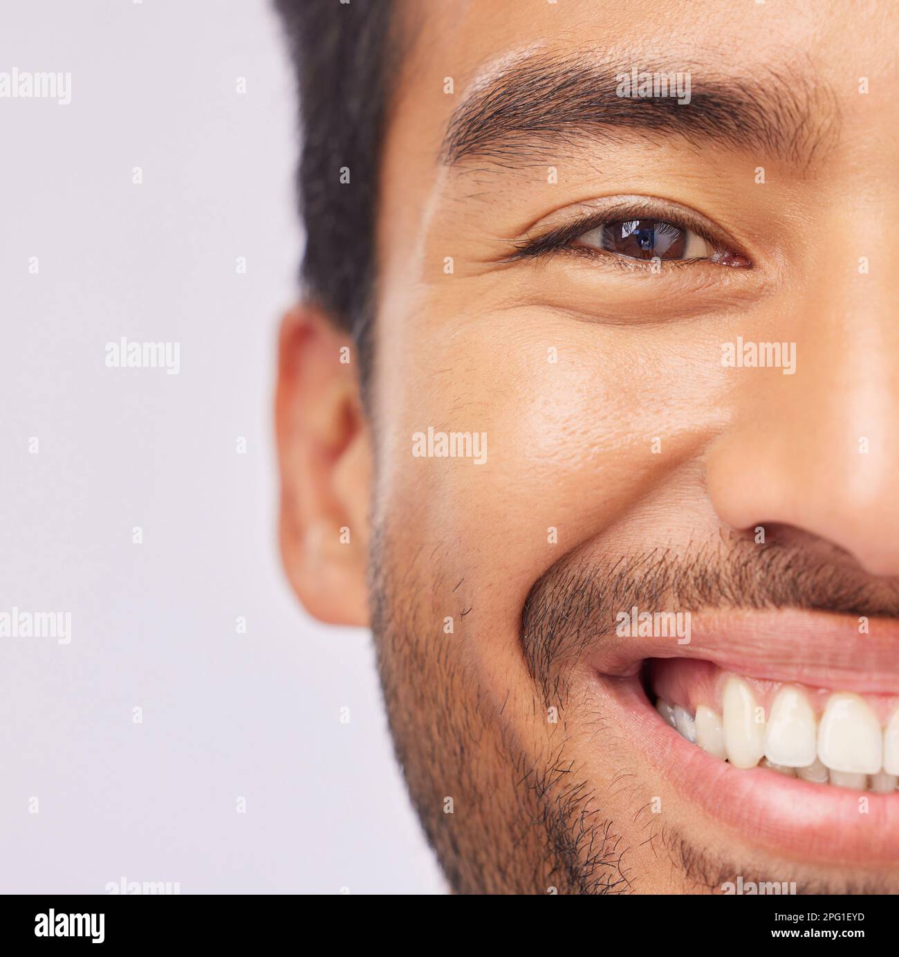 Half, face and teeth of a man with dental, oral and mouth hygiene ...