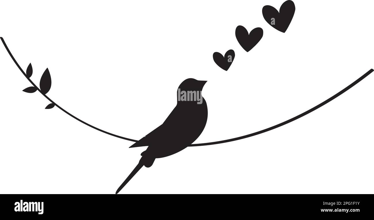Bird silhouette on single branch with hearts illustrations isolated on ...