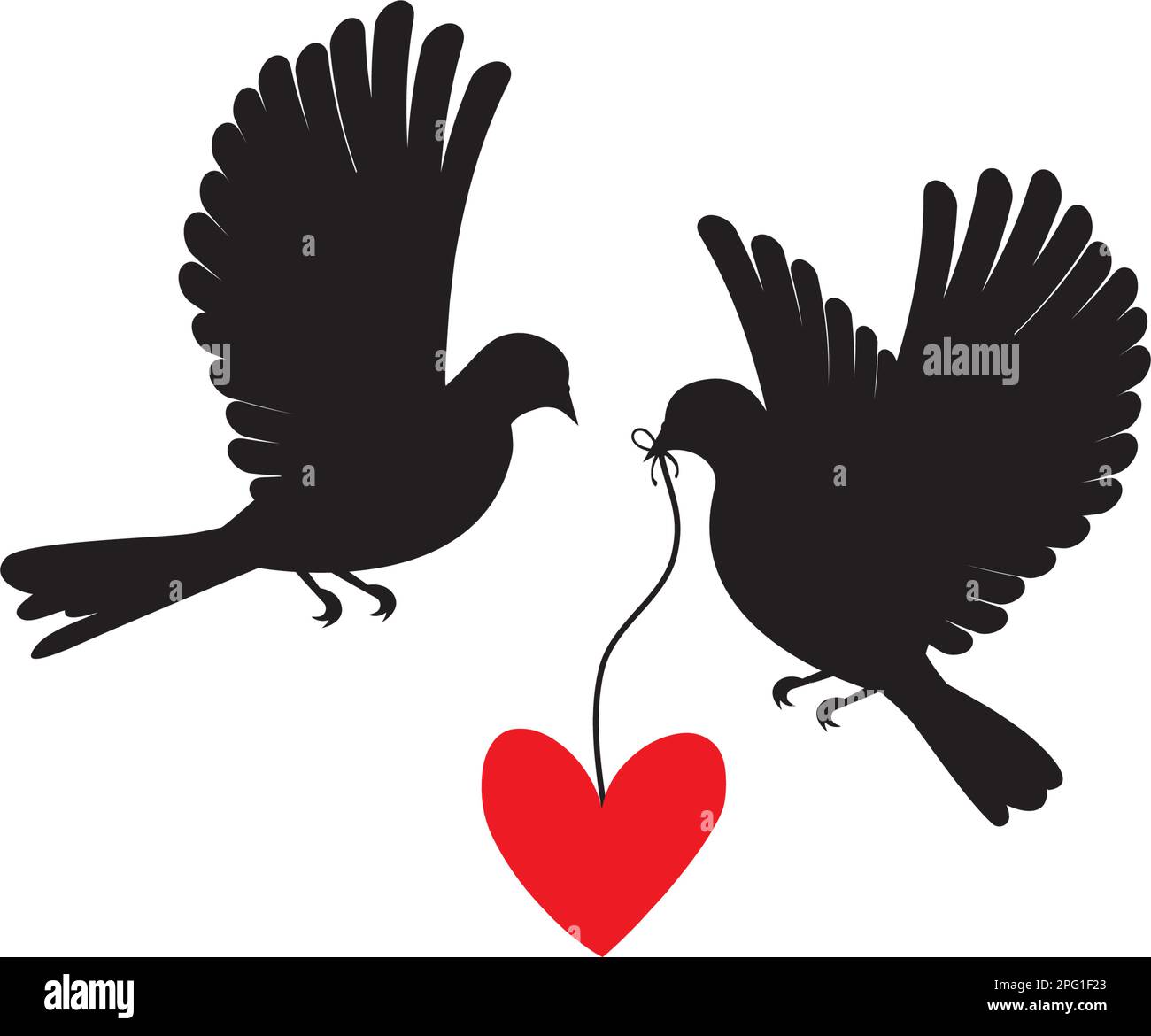 Doves silhouettes carrying a red heart isolated on white background ...