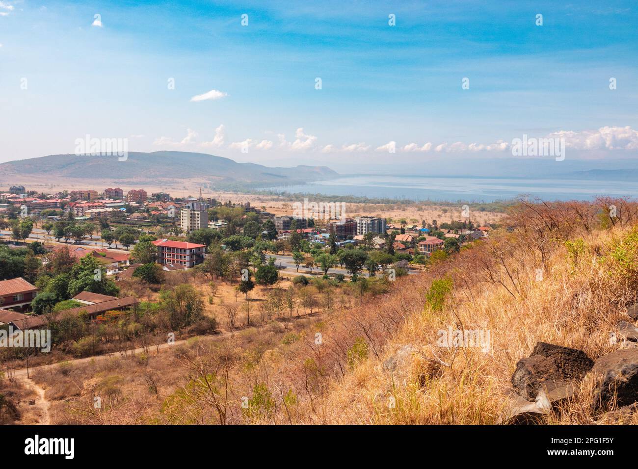 Aerial view of Nakuru Town against the background of Lake Nakuru in ...