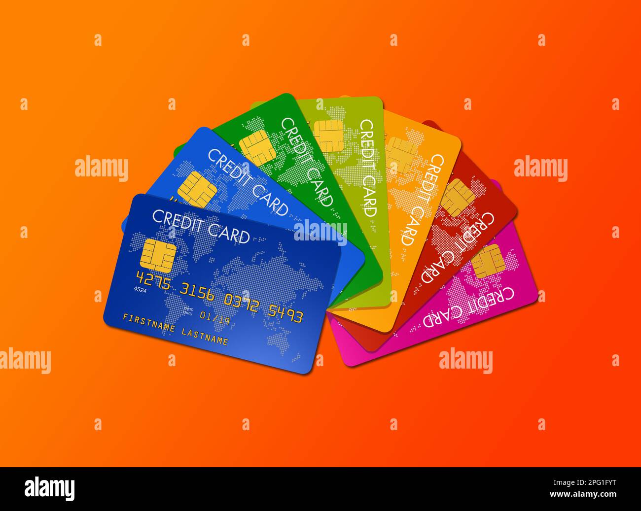 Colorful credit cards isolated on an orange background. 3D illustration ...