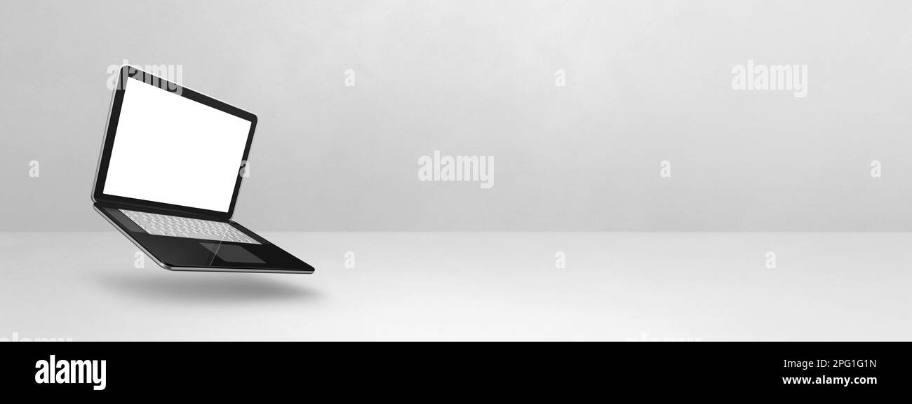 Blank computer laptop floating over a white background. 3D isolated ...