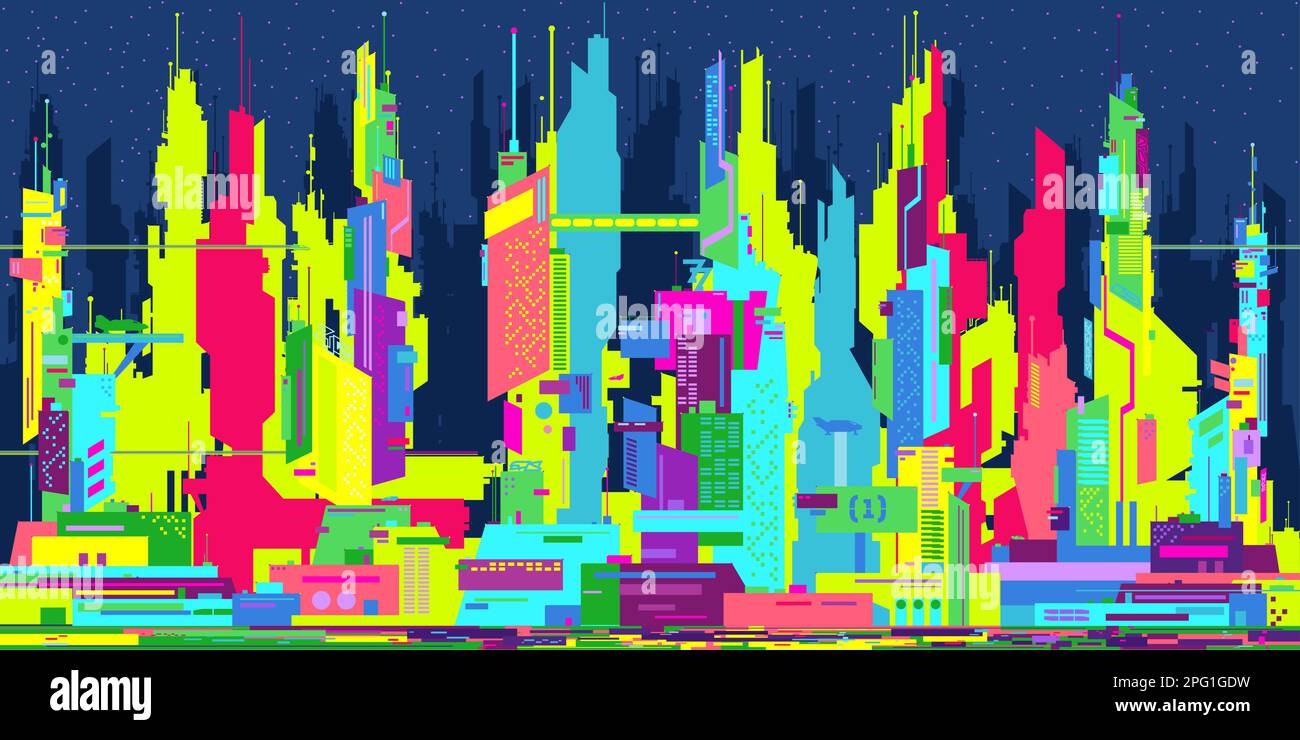 Trendy Flat Colorful Abstract Futuristic Sci-fi Cyber Space City ...
