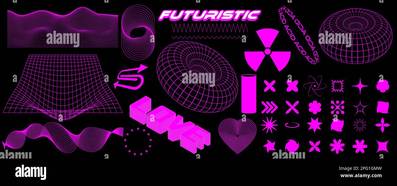 Retro futuristic design elements. 3D wireframe shapes in trendy retro cyberpunk 80s 90s style ...