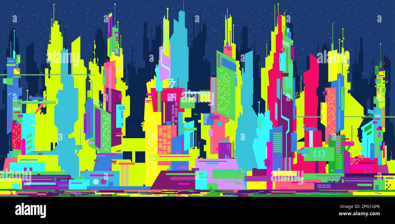 Colorful Abstract Futuristic Sci-fi Cyber Space City Landscape Vector ...