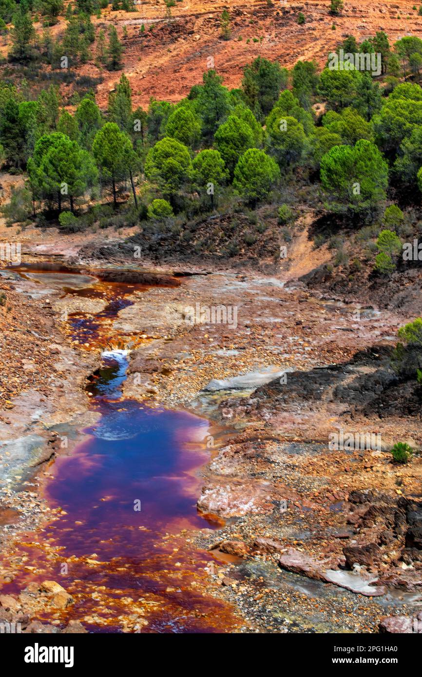 Blood red mineral laden water Rio Tinto river Minas de Riotinto mining ...