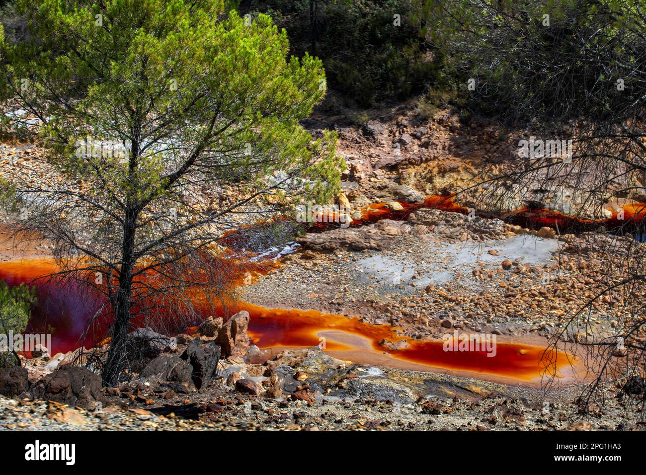 Blood red mineral laden water Rio Tinto river Minas de Riotinto mining ...