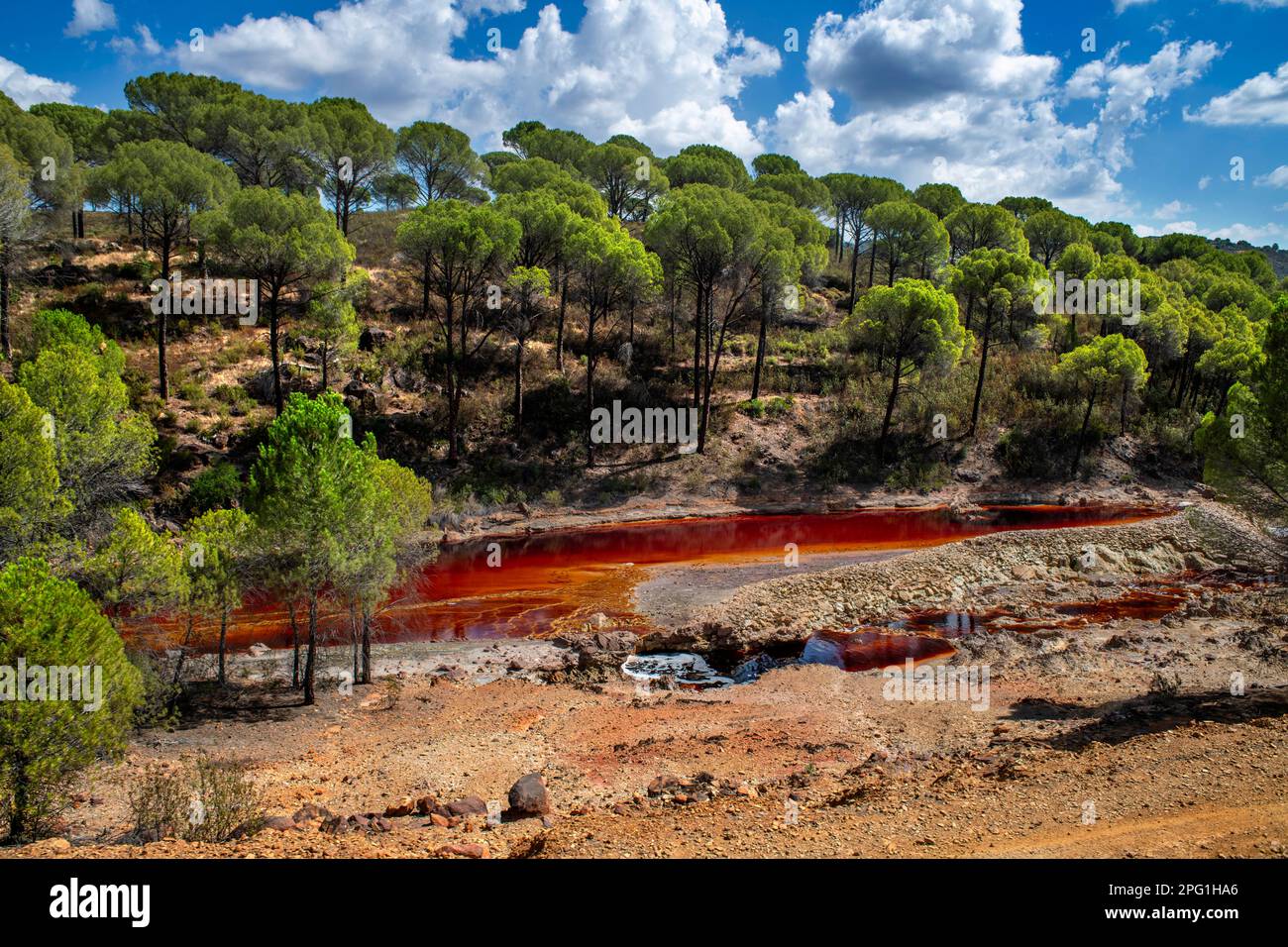 Blood red mineral laden water Rio Tinto river Minas de Riotinto mining ...