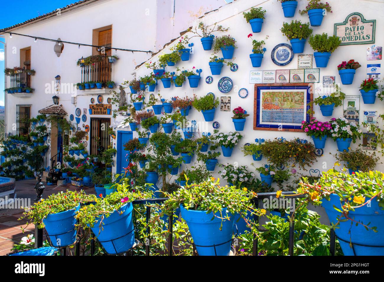 Courtyard full of plant pots, Iznajar village, Cordoba province ...