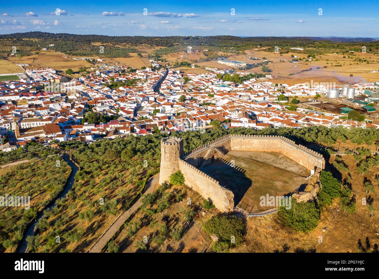 Aerial view of Alanis castle, province of Seville, Andalusia, Spain ...