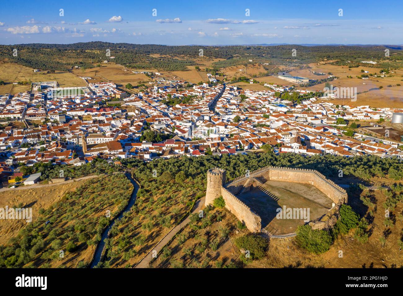 Aerial view of Alanis castle, province of Seville, Andalusia, Spain ...