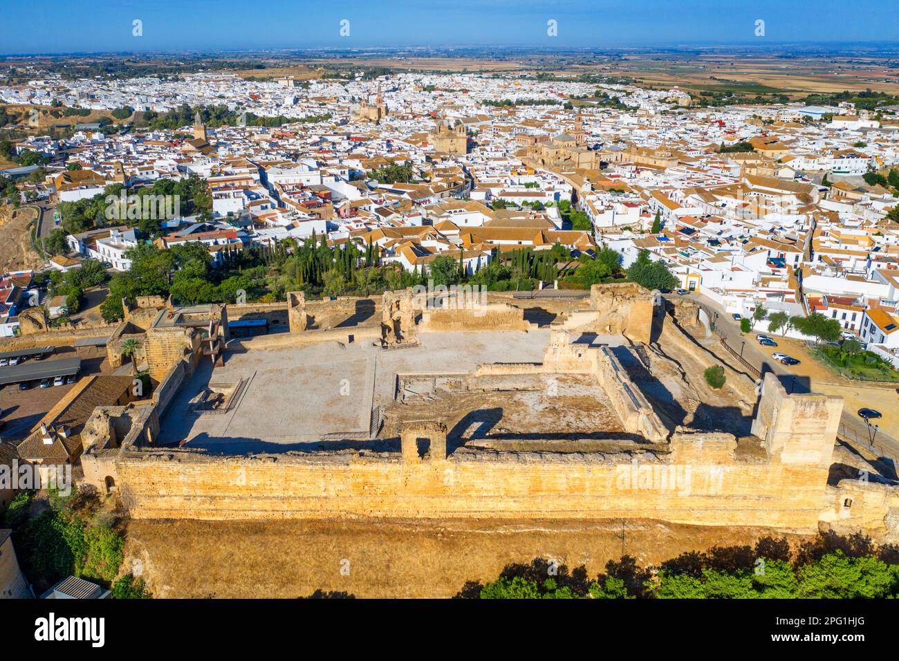 Aerial view of Alcazar del Rey Don Perdro in the old town of Carmona ...