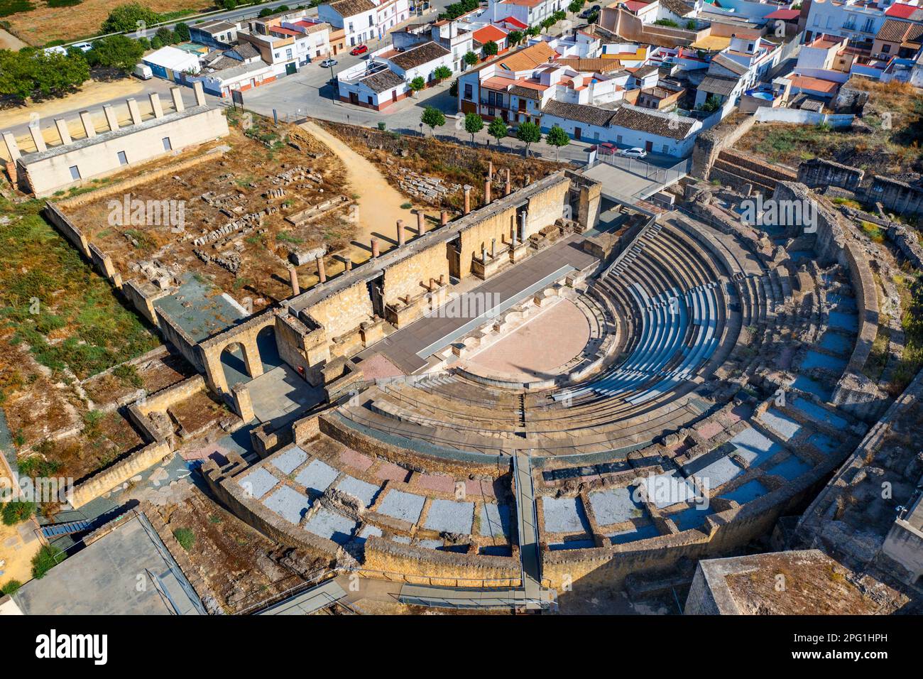 Aerial views of roman ruins of a Roman amphitheater, Italica, Seville ...