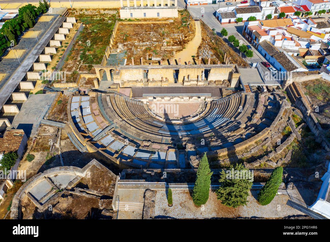 Aerial views of roman ruins of a Roman amphitheater, Italica, Seville ...