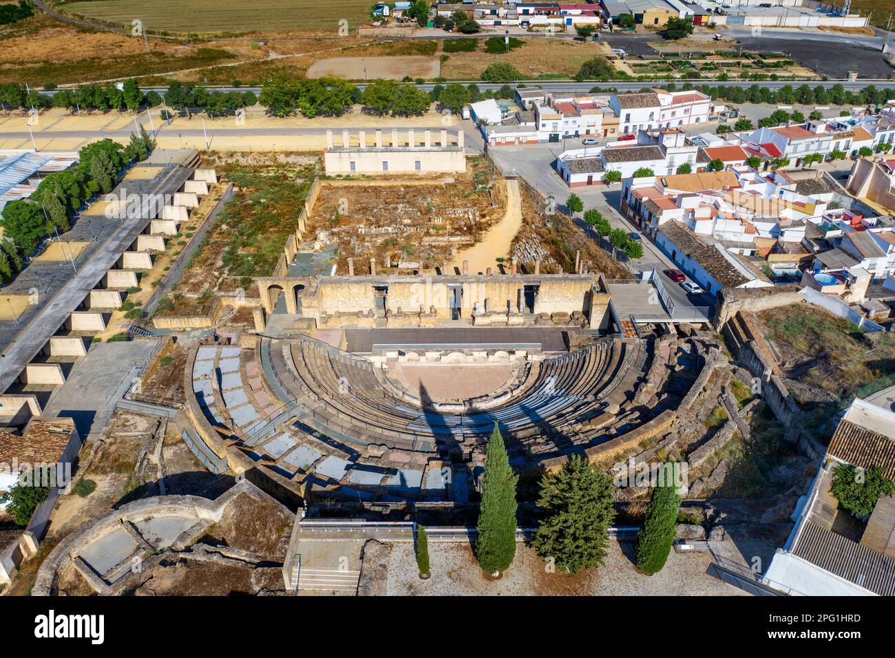 Aerial views of roman ruins of a Roman amphitheater, Italica, Seville ...