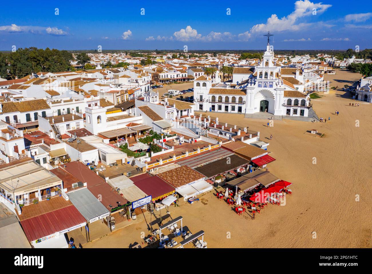 Aerial view of El Rocio village and Hermitage at Sunset, Almonte. El ...