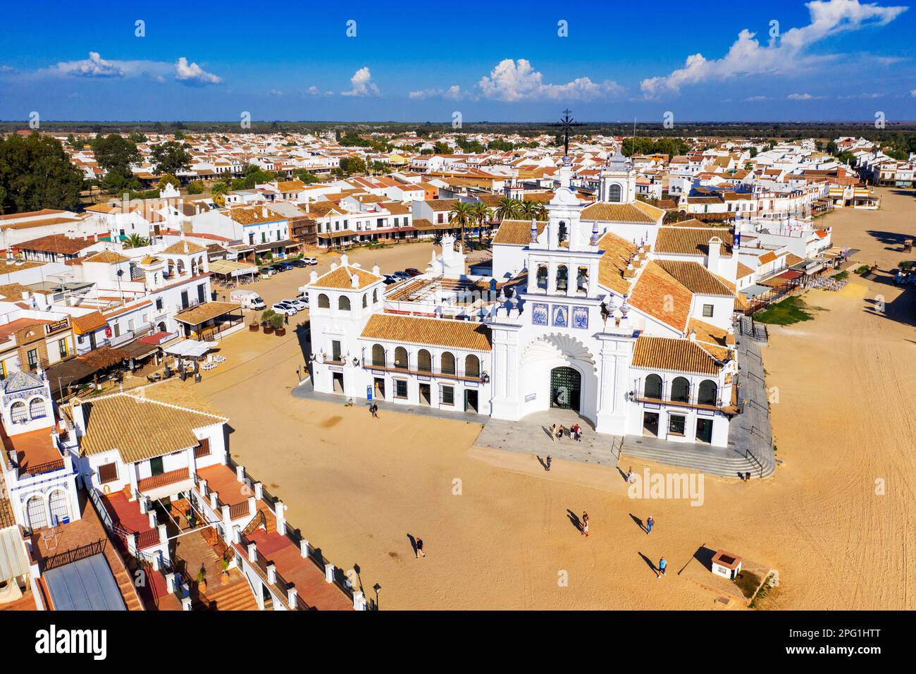 Aerial view of El Rocio village and Hermitage at Sunset, Almonte. El ...