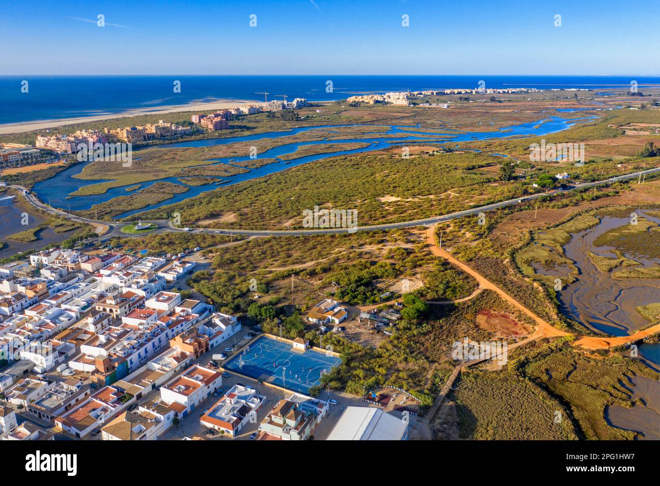 Aerial view of Salinas del Duque saltworks walking road marshes Isla ...
