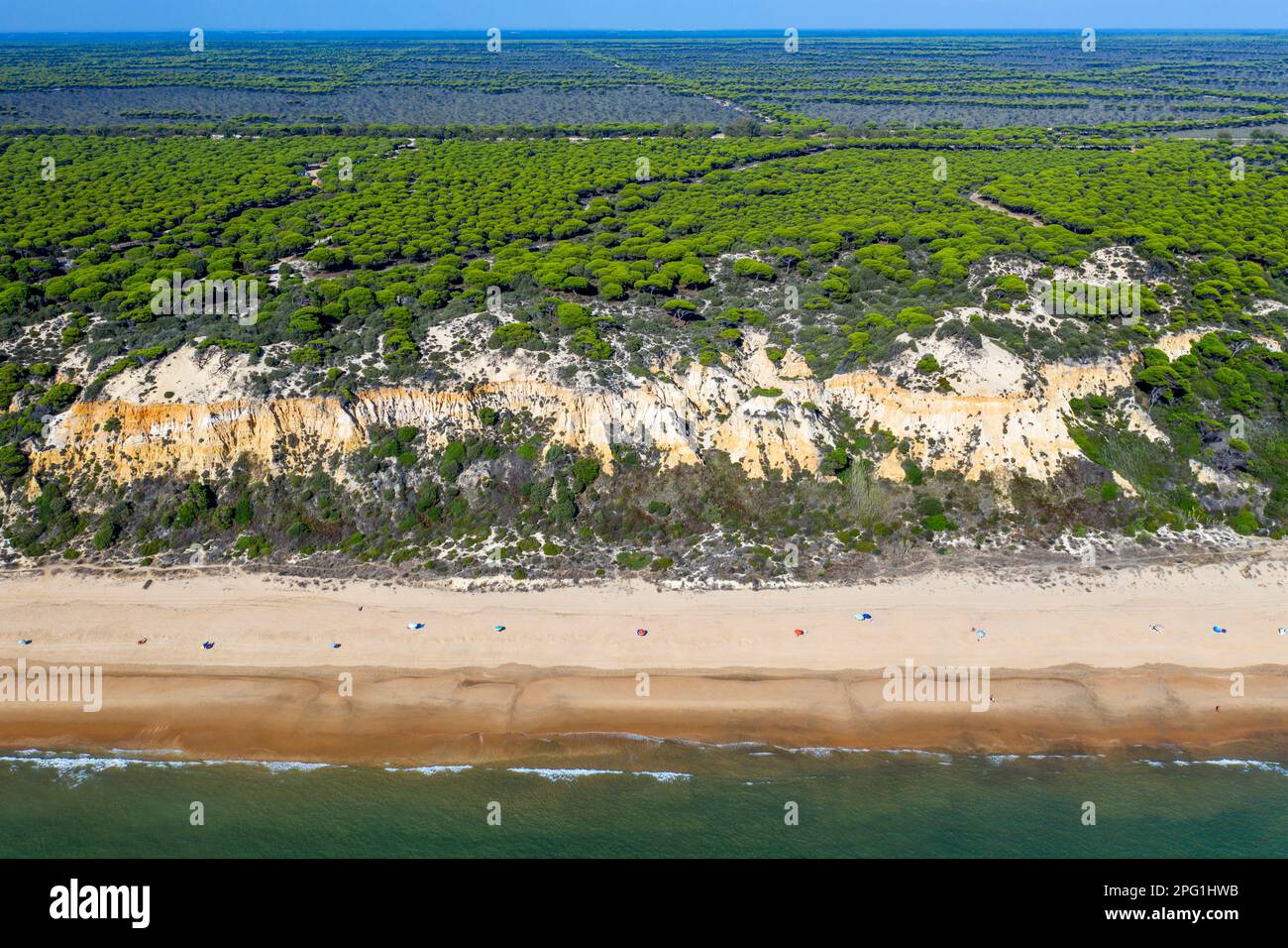 Aerial view of Fontanilla beach Sandy and cliffs, Mazagon, Costa de la ...
