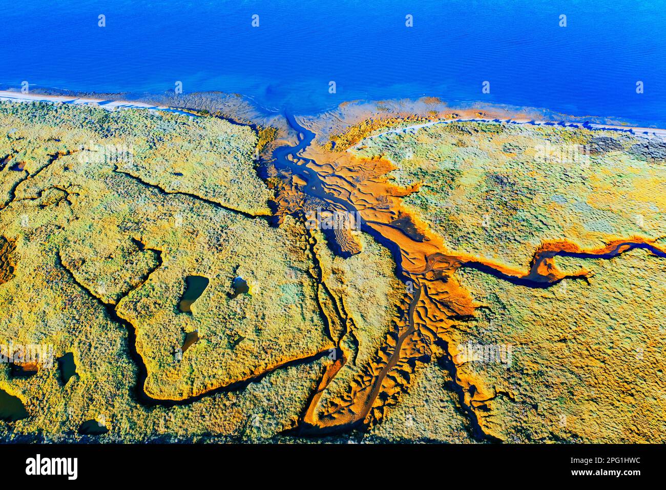 Aerial view on Playa del Espigon Juan Carlos I beach, marshlands ...