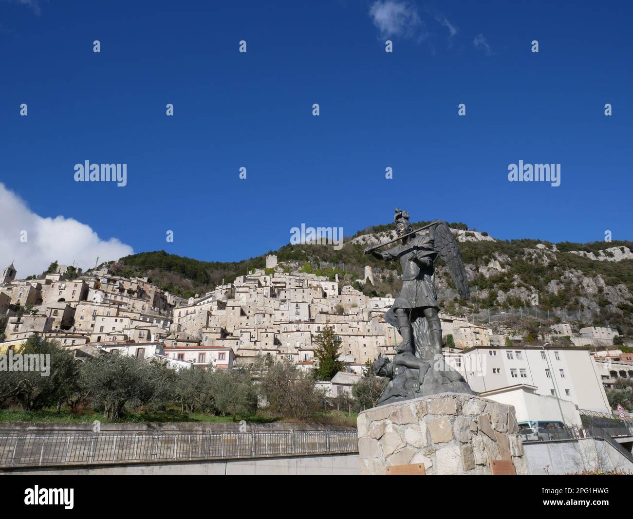 Pesche - Isernia - In the foreground the statue of San Michele and the ...