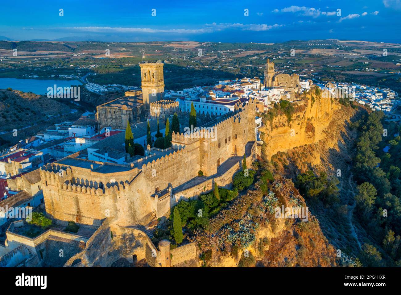 Aerial view of Ducal castle of Arcos de la Fontera, Church of San Pedro ...
