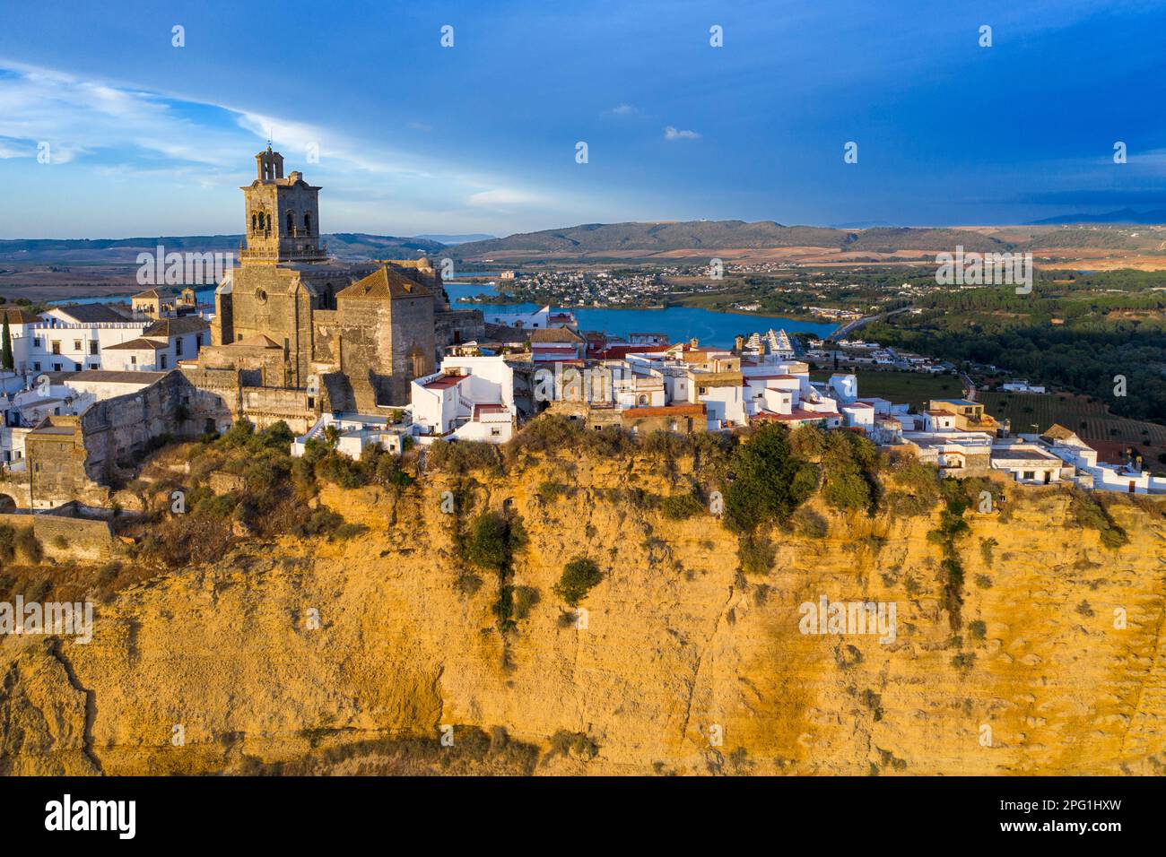 Aerial view of Arcos de la Fontera, Church of San Pedro & the ...