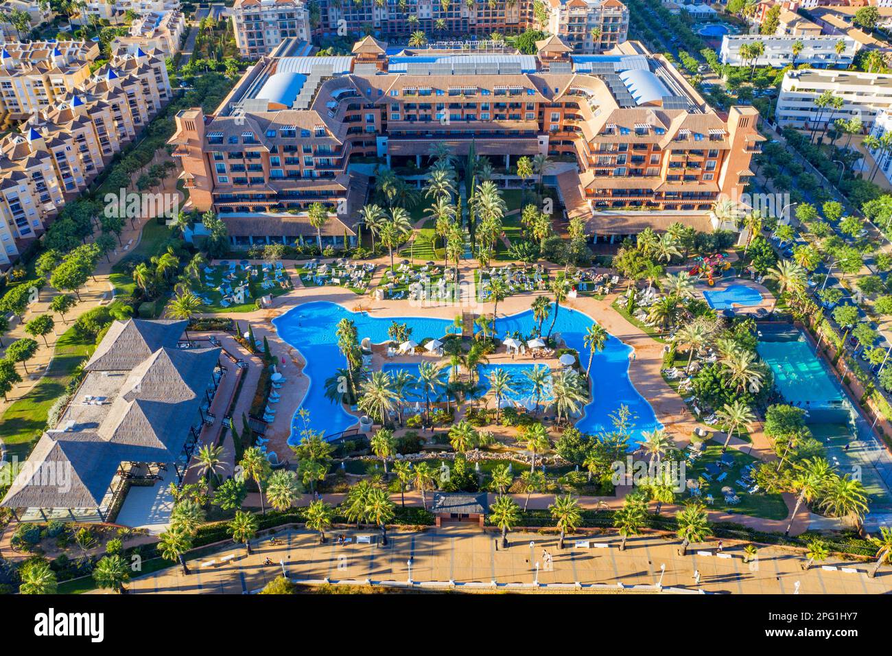 Aerial view of Puerto Antilla Grand Hotel, Lepe, Huelva province ...