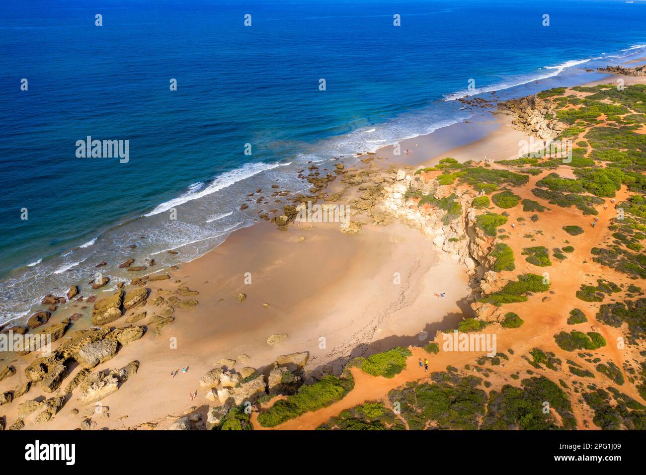 Aerial view of Calas de roche beach in Conil de la Frontera, Cadiz ...