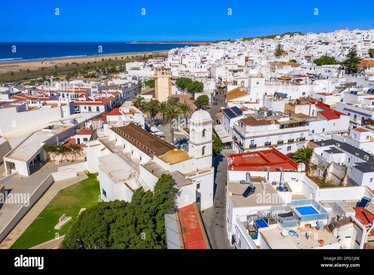 Aerial view of city center and Santa Catalina church in Conil de la ...
