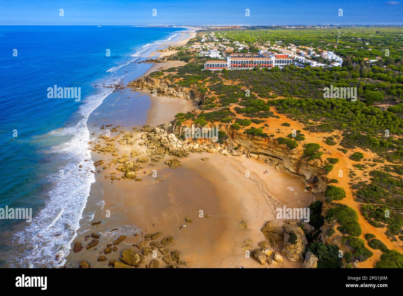 Aerial view of Calas de roche beach in Conil de la Frontera, Cadiz ...