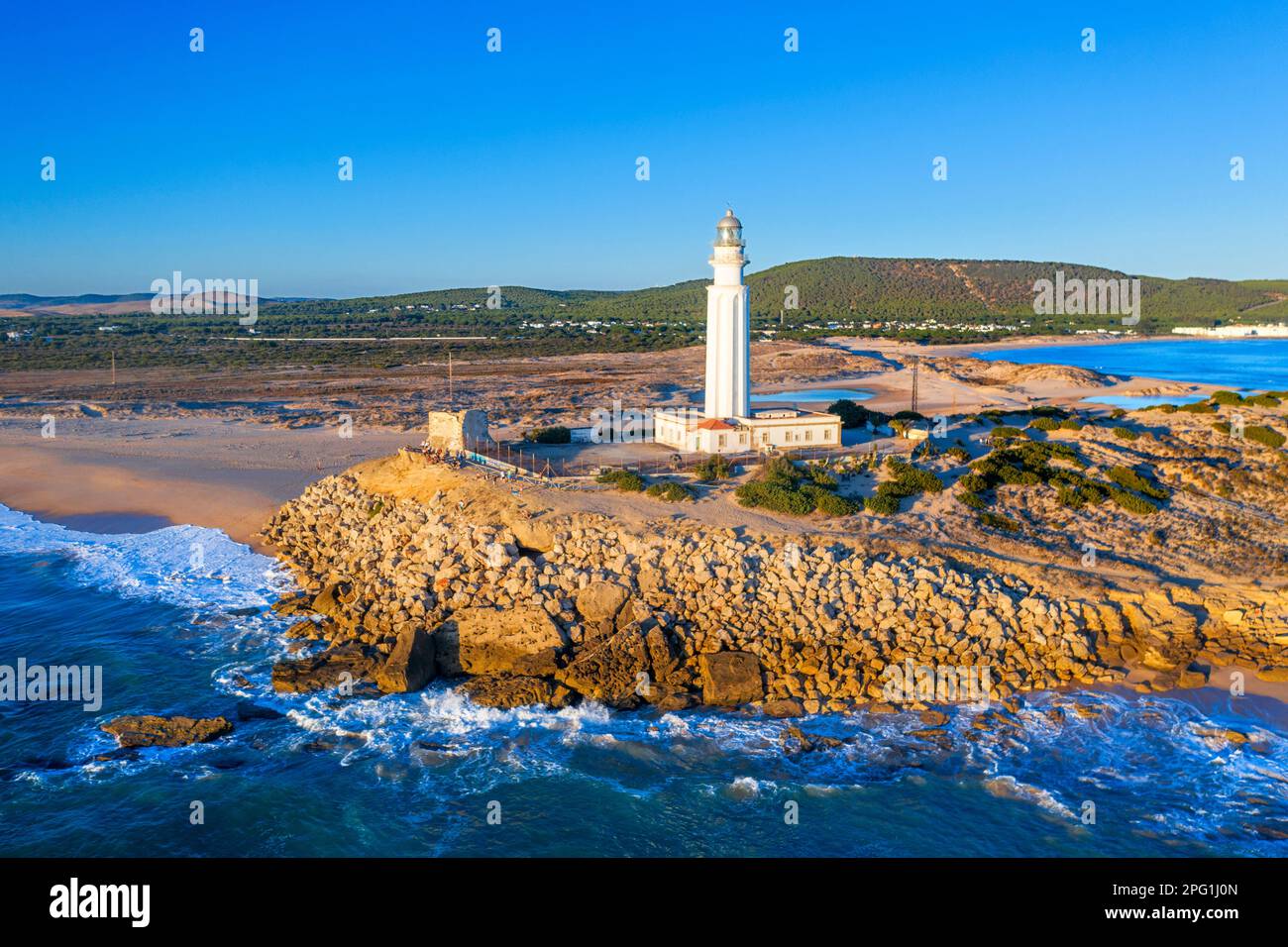 Aerial view of Caños de Meca Cape Trafalgar lighthouse, Barbate, Cadiz ...