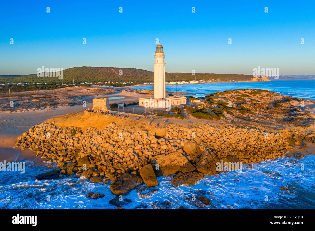 Aerial view of Caños de Meca Cape Trafalgar lighthouse, Barbate, Cadiz ...