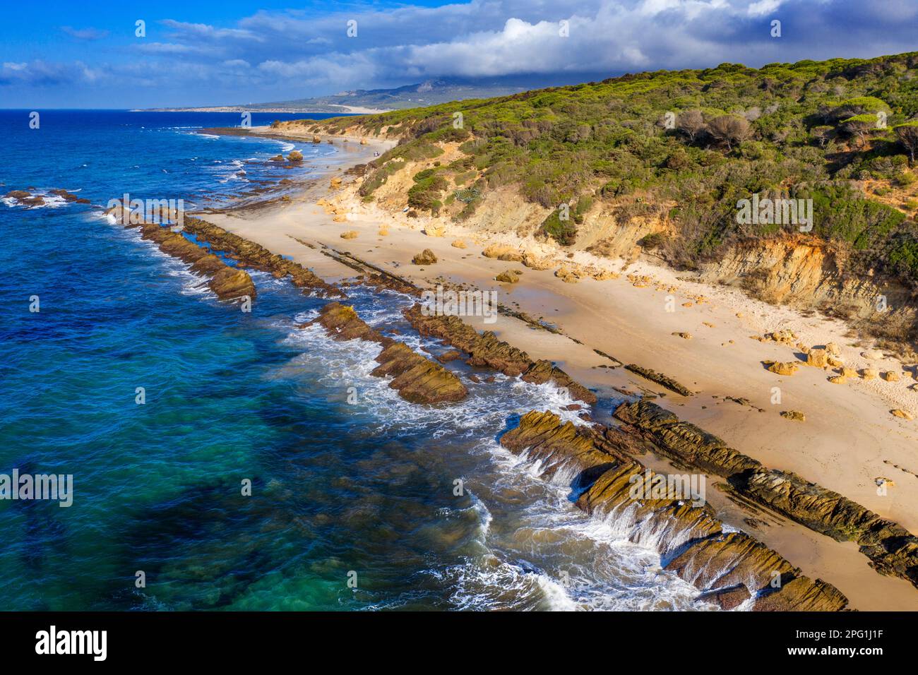 Aerial view of piscinas naturales de Bolonia natural pools, Bolonia ...