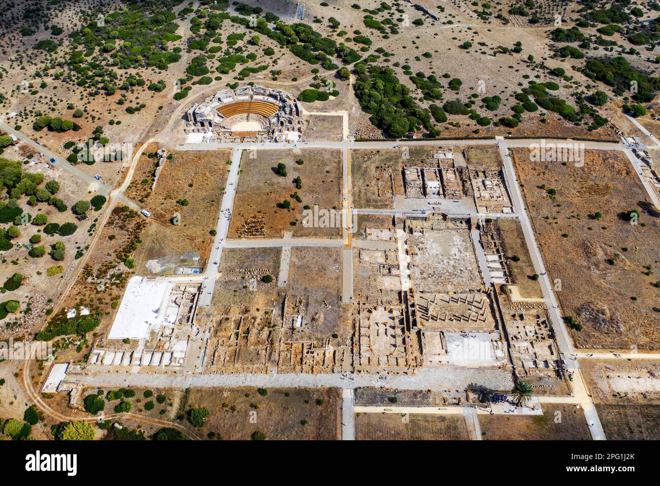 Aerial view of roman ruins of Baelo Claudia at Bolonia, Costa de la Luz ...