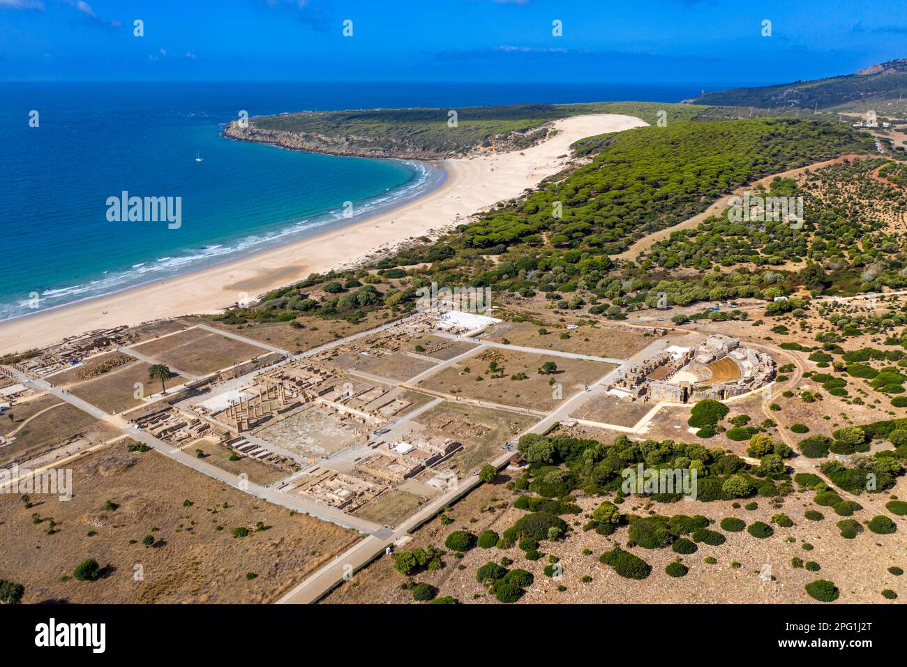 Aerial view of roman ruins of Baelo Claudia at Bolonia, Costa de la Luz ...