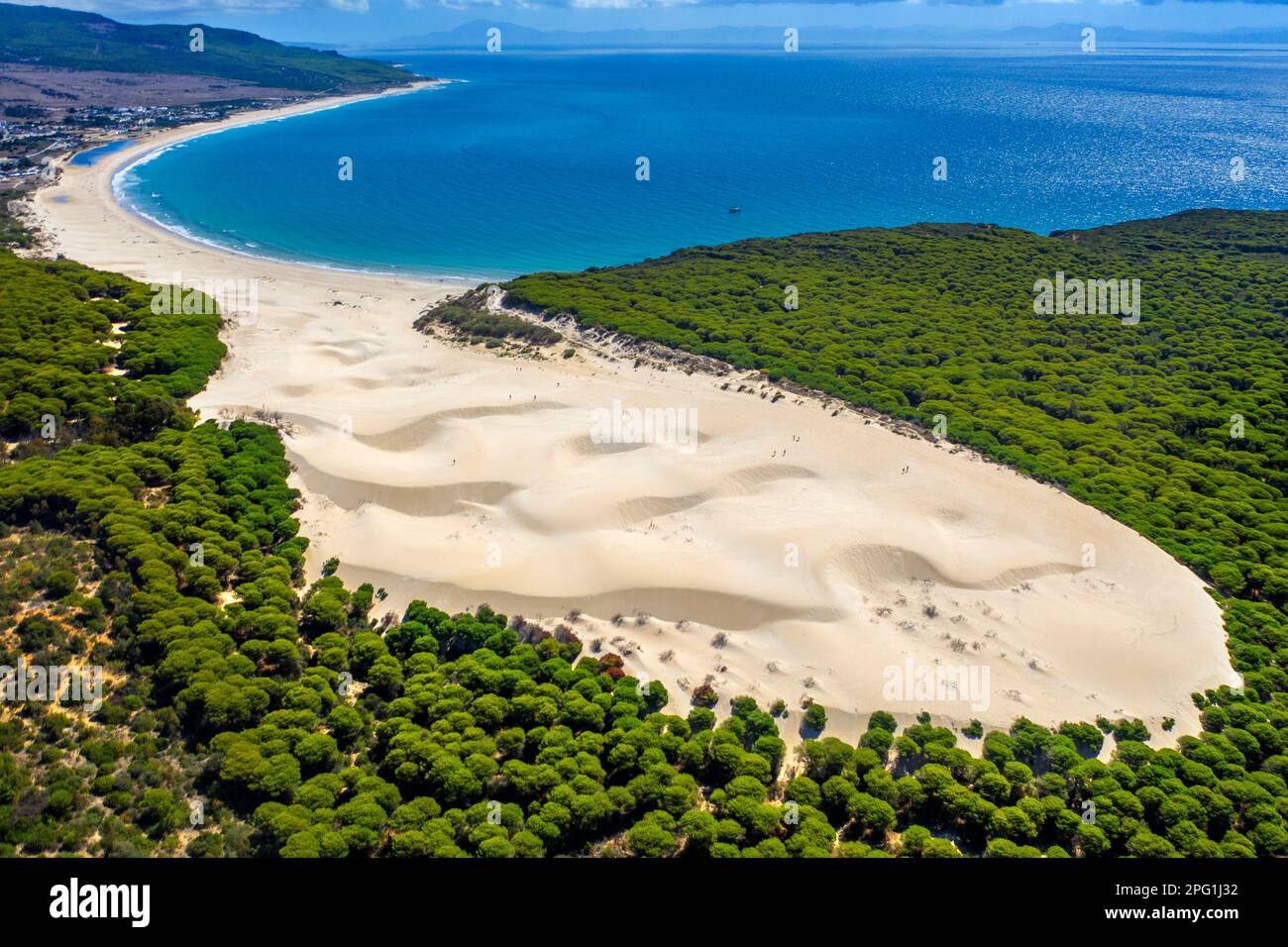 Aerial view of Duna de Bolonia dune beach, Costa de la Luz, Cadiz ...