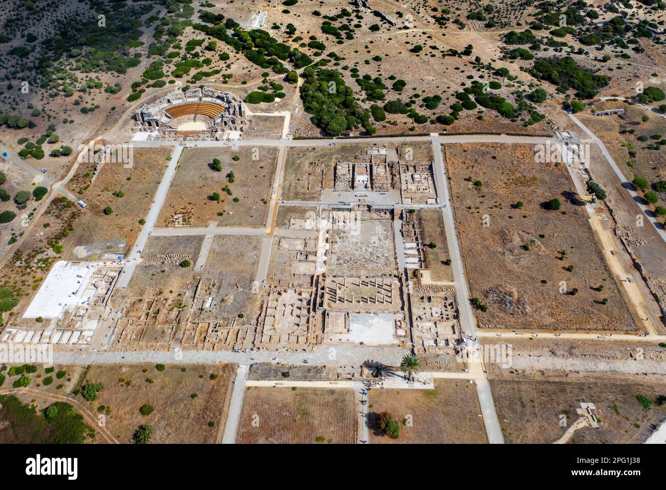 Aerial view of roman ruins of Baelo Claudia at Bolonia, Costa de la Luz ...