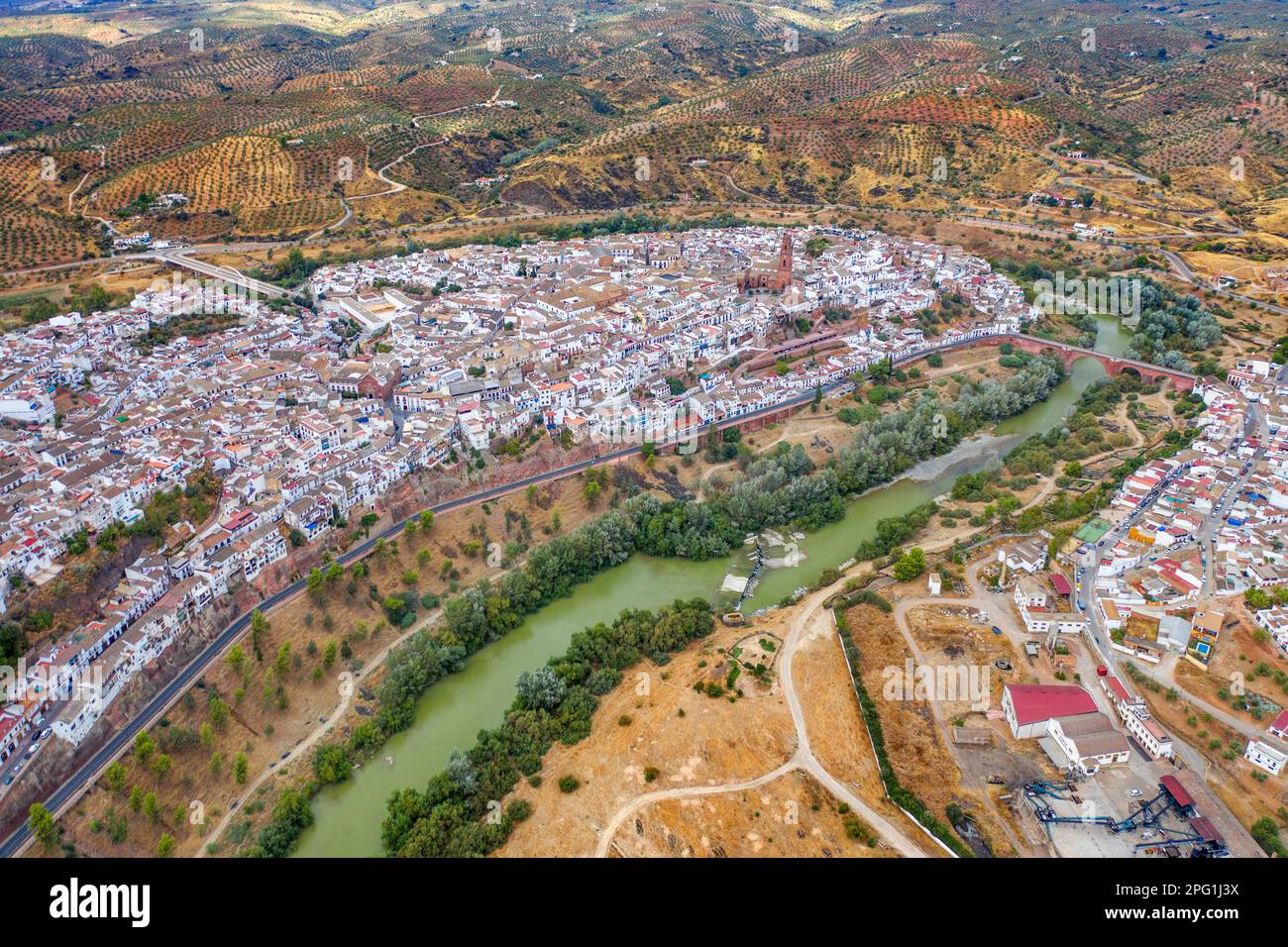 Aerial view of Village of Montoro and Guadalquivir river Cordoba ...