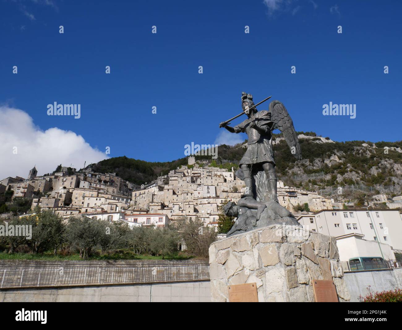 Pesche - Isernia - In the foreground the statue of San Michele and the ...