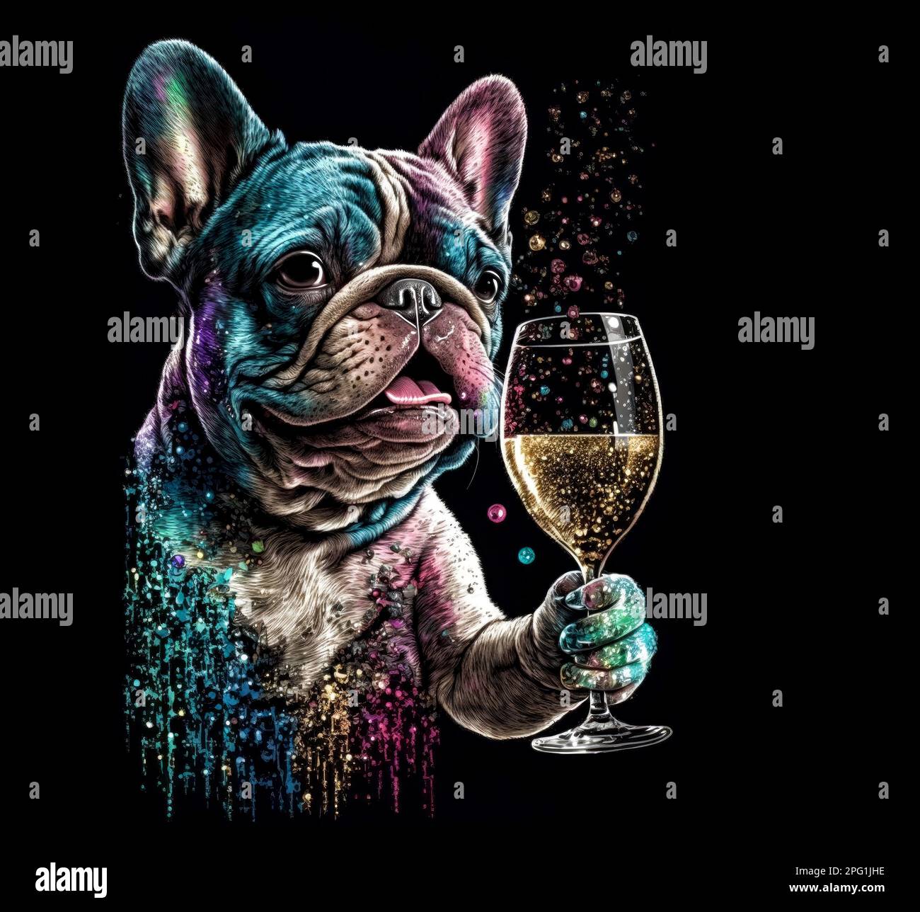 French Bulldog drinking champagne on disco party Stock Photo - Alamy