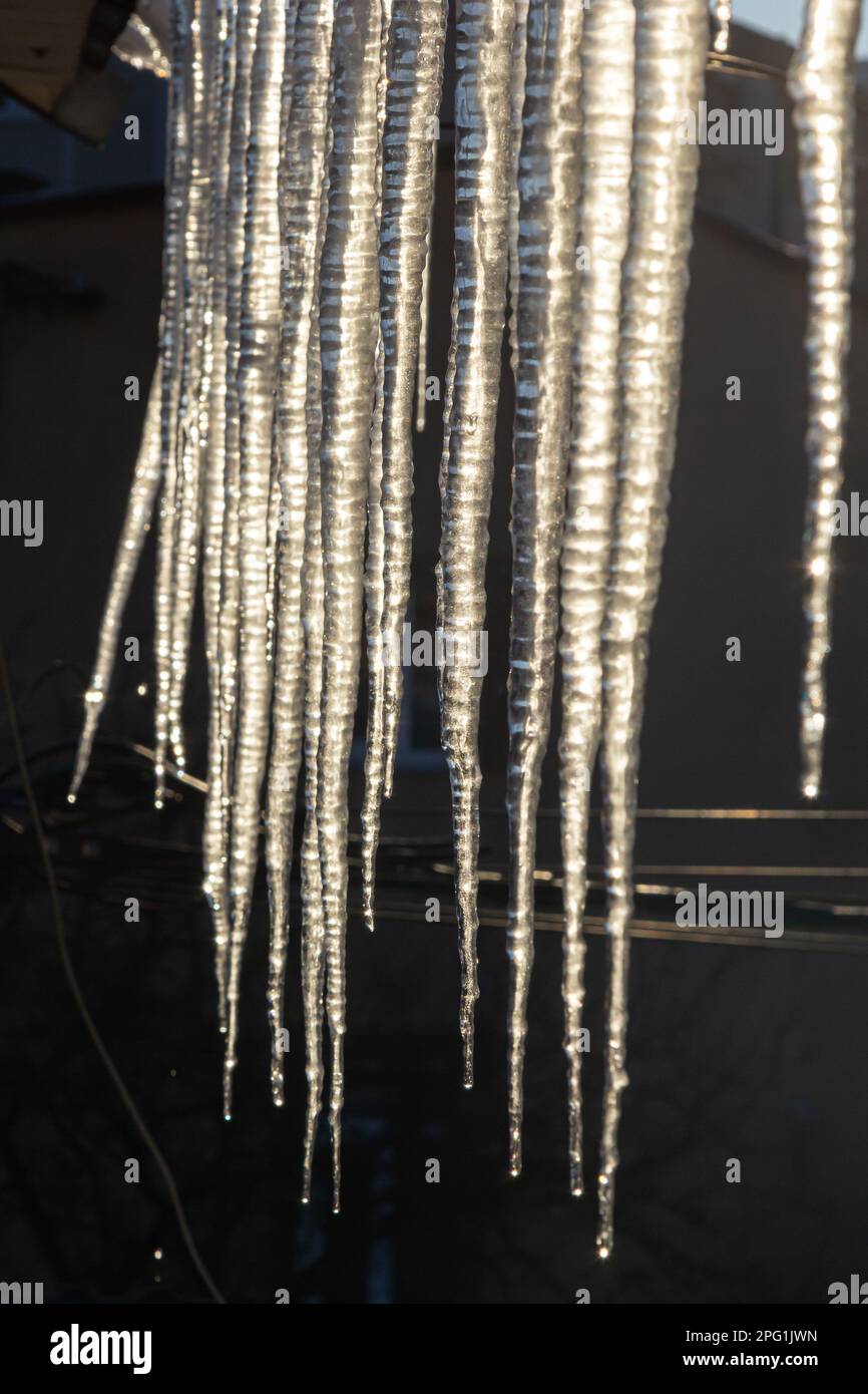 Sharp icicles and melted snow hanging from eaves of roof. Beautiful ...